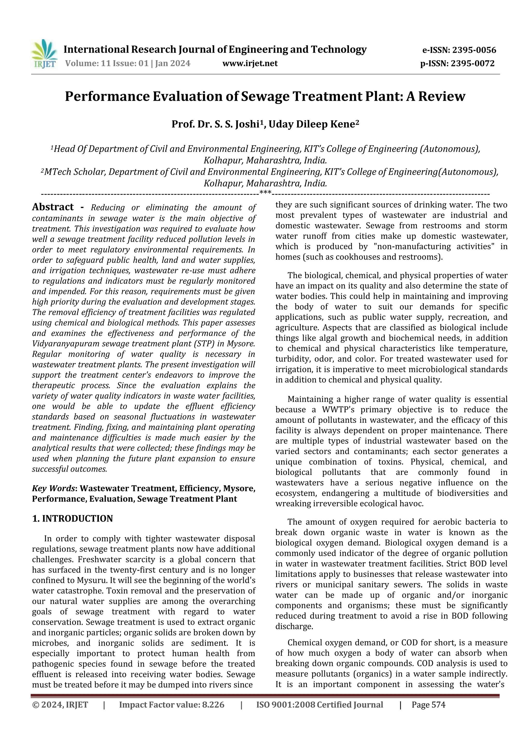 Performance Evaluation of Sewage Treatment Plant: A Review | PDF