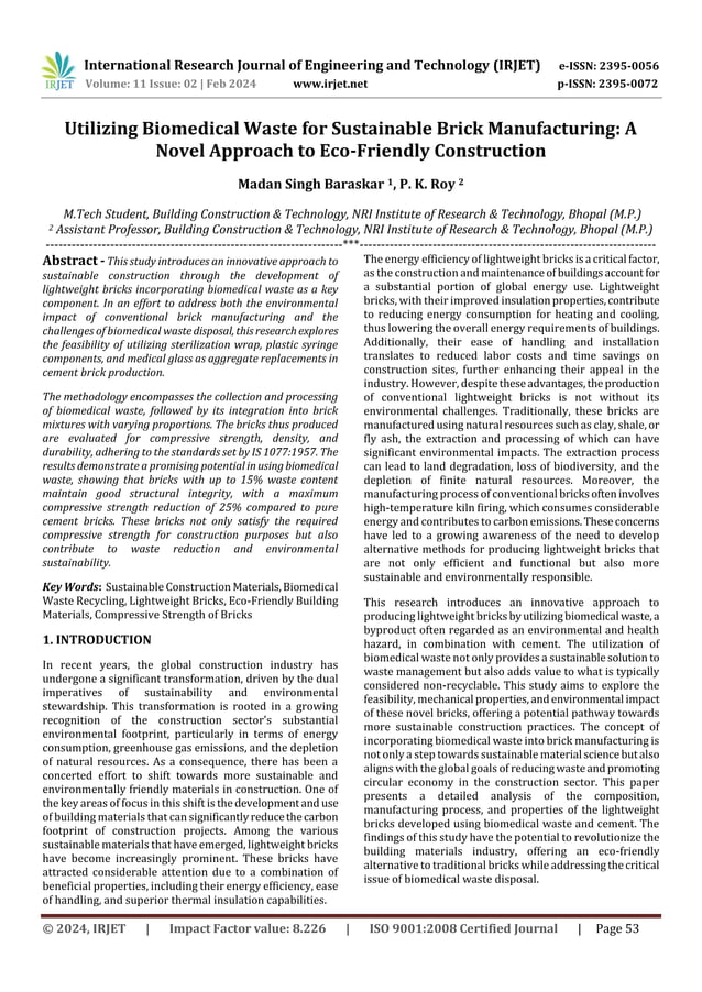 Utilizing Biomedical Waste for Sustainable Brick Manufacturing: A Novel ...