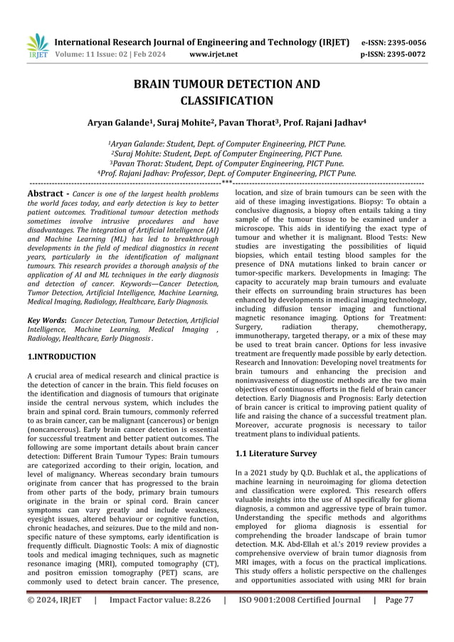 BRAIN TUMOUR DETECTION AND CLASSIFICATION | PDF | Free Download