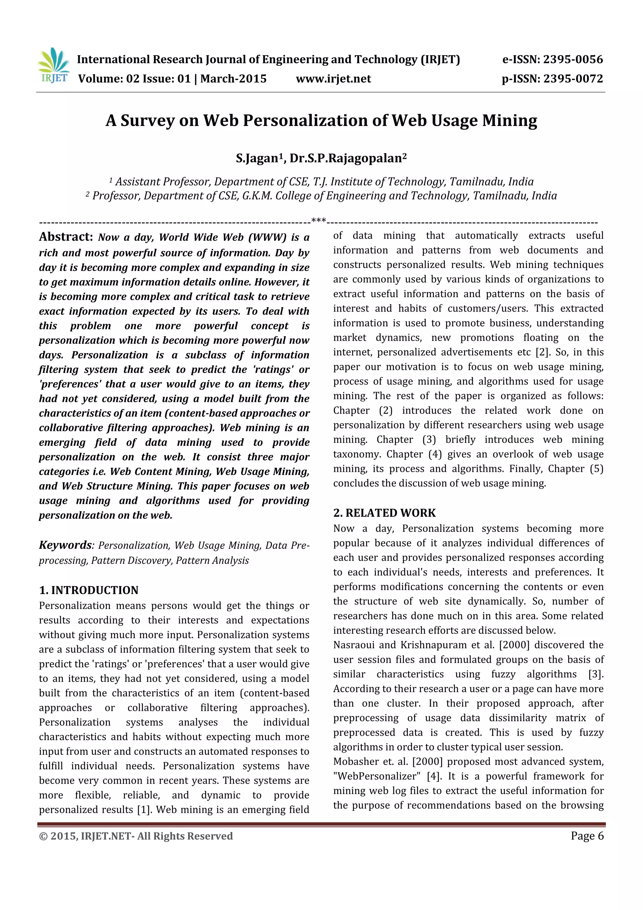 IRJET-A Survey on Web Personalization of Web Usage Mining | PDF