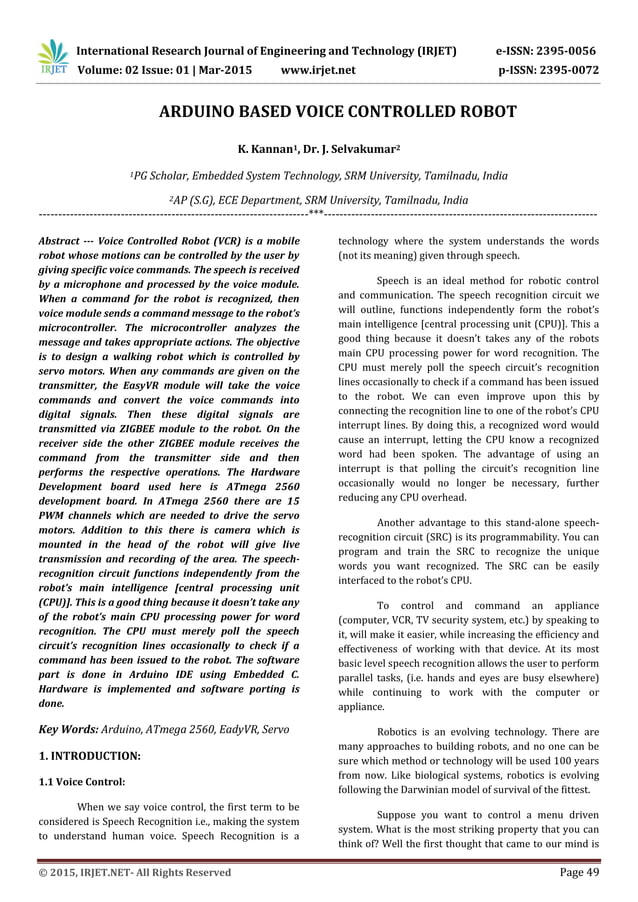 IRJET-Arduino based Voice Controlled Robot | PDF | Robotics | Technology & Computing