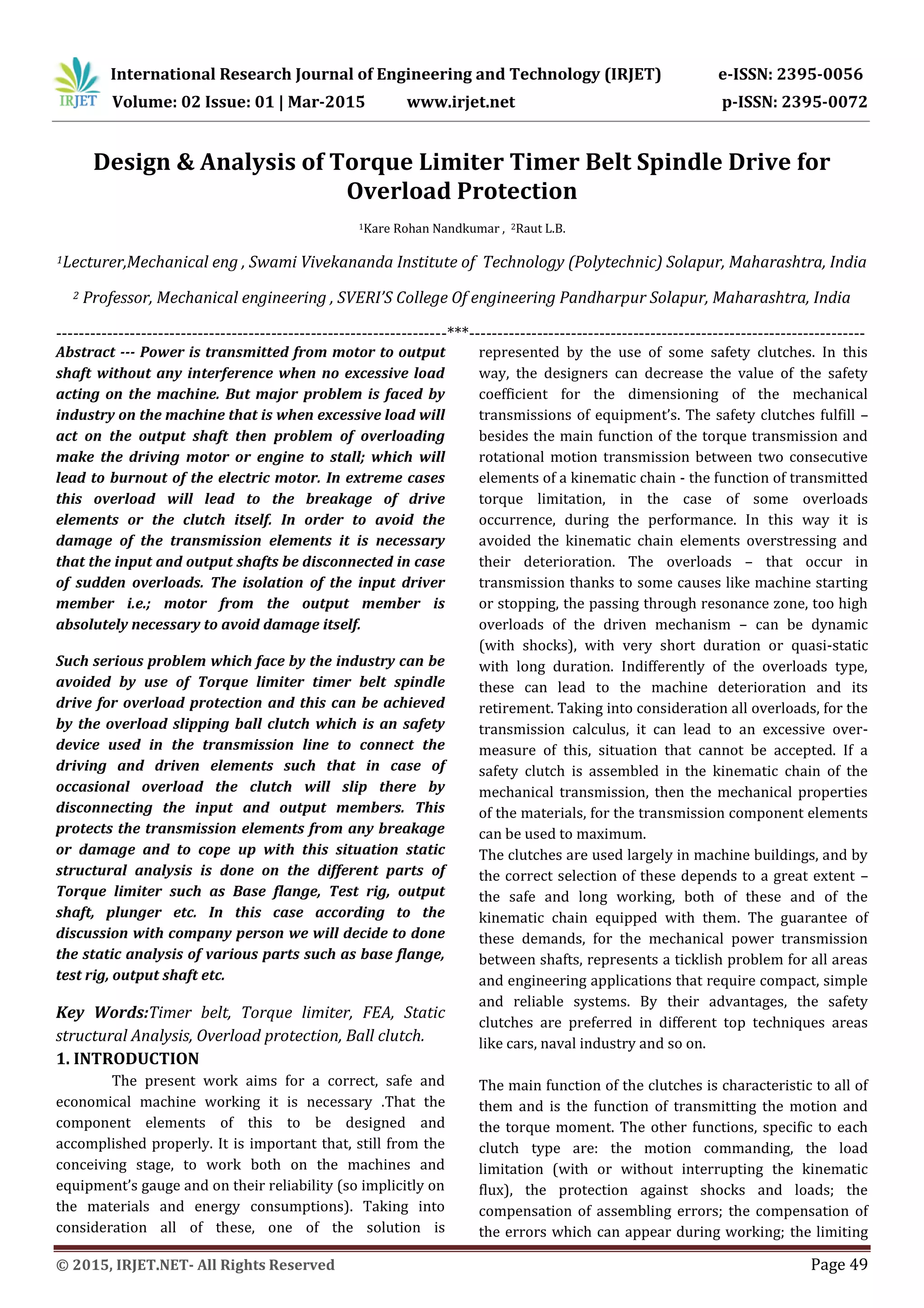 IRJET-Design and Analysis of torque limiter timer belt spindle drive ...