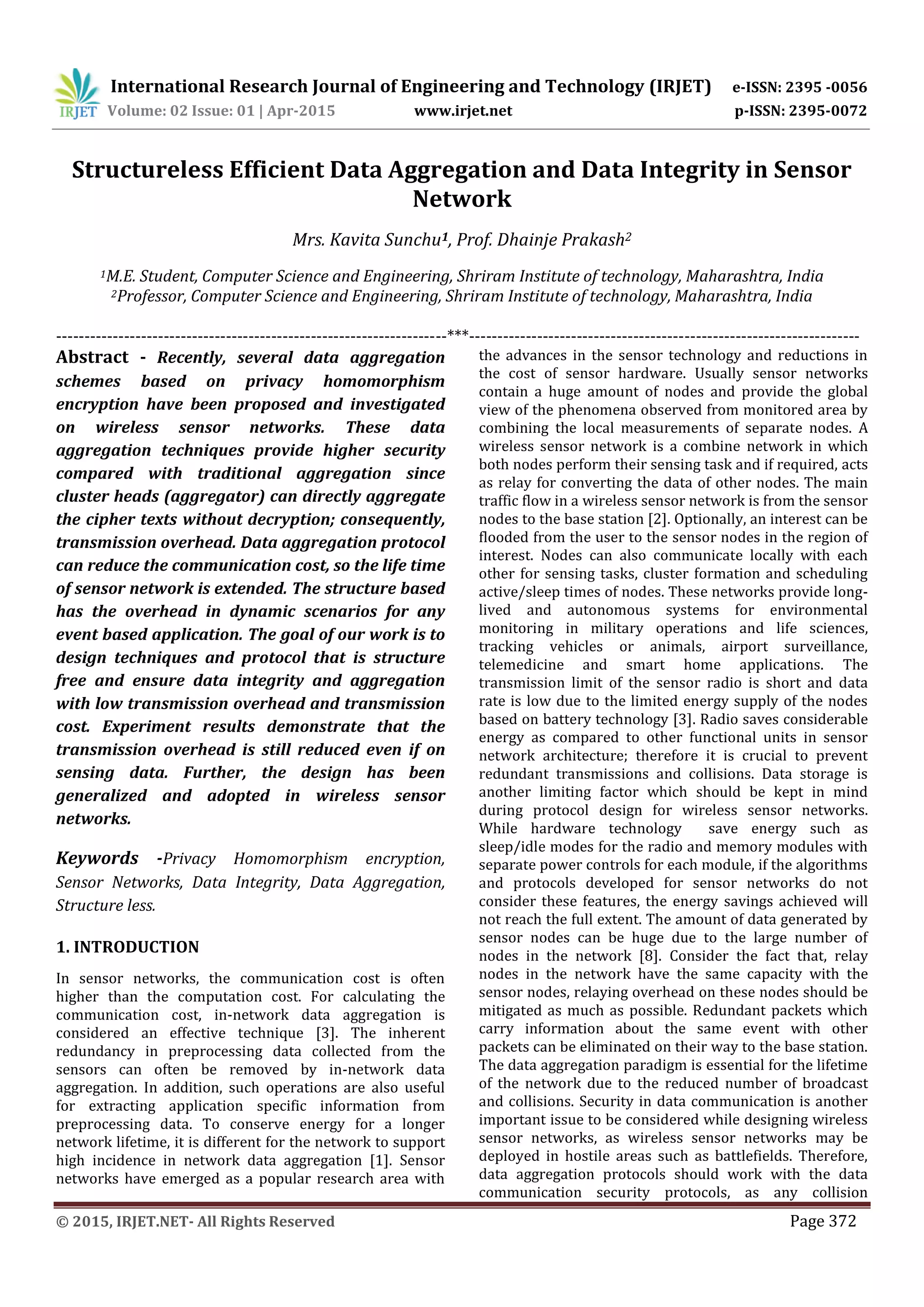 IRJET-Structure less Efficient Data Aggregation and Data Integrity in Sensor Network | PDF