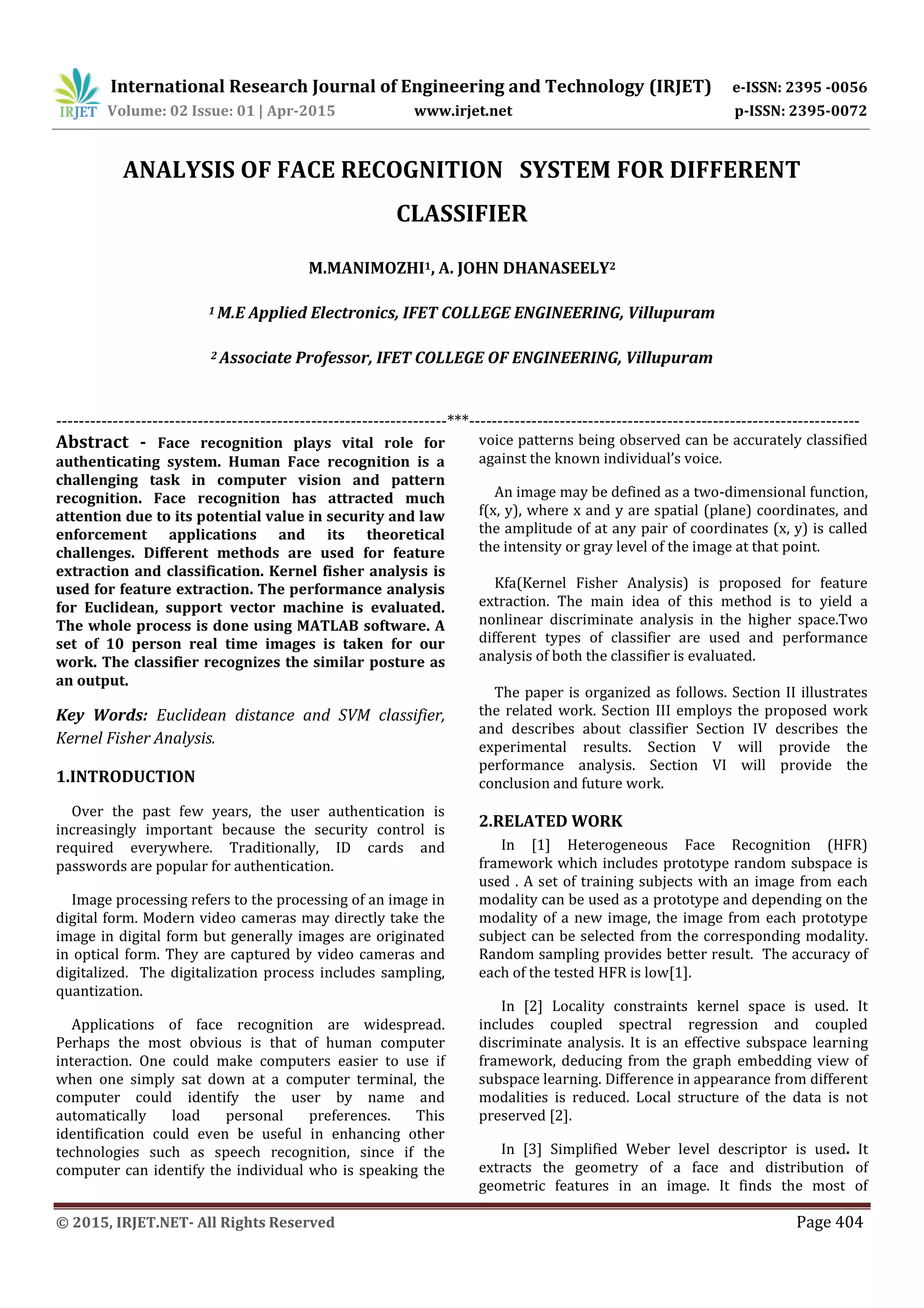 IRJET-Analysis of Face Recognition System for Different Classifier | PDF