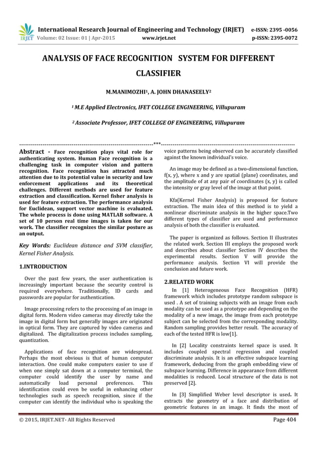 IRJET-Analysis of Face Recognition System for Different Classifier | PDF
