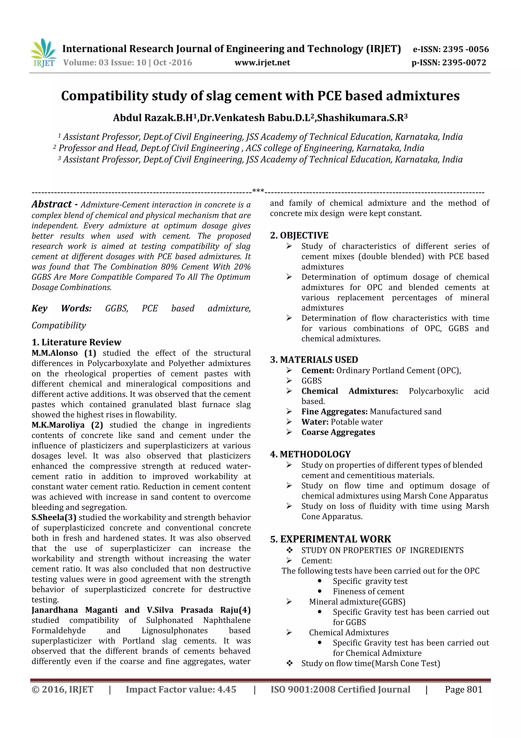 Compatibility study of slag cement with PCE based admixtures | PDF