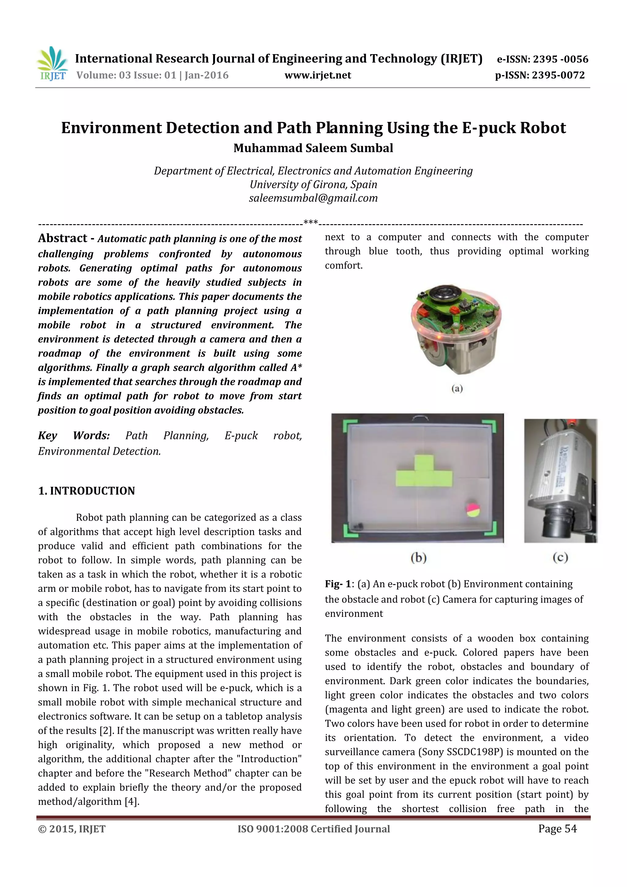 Environment Detection and Path Planning Using the E-puck Robot | PDF