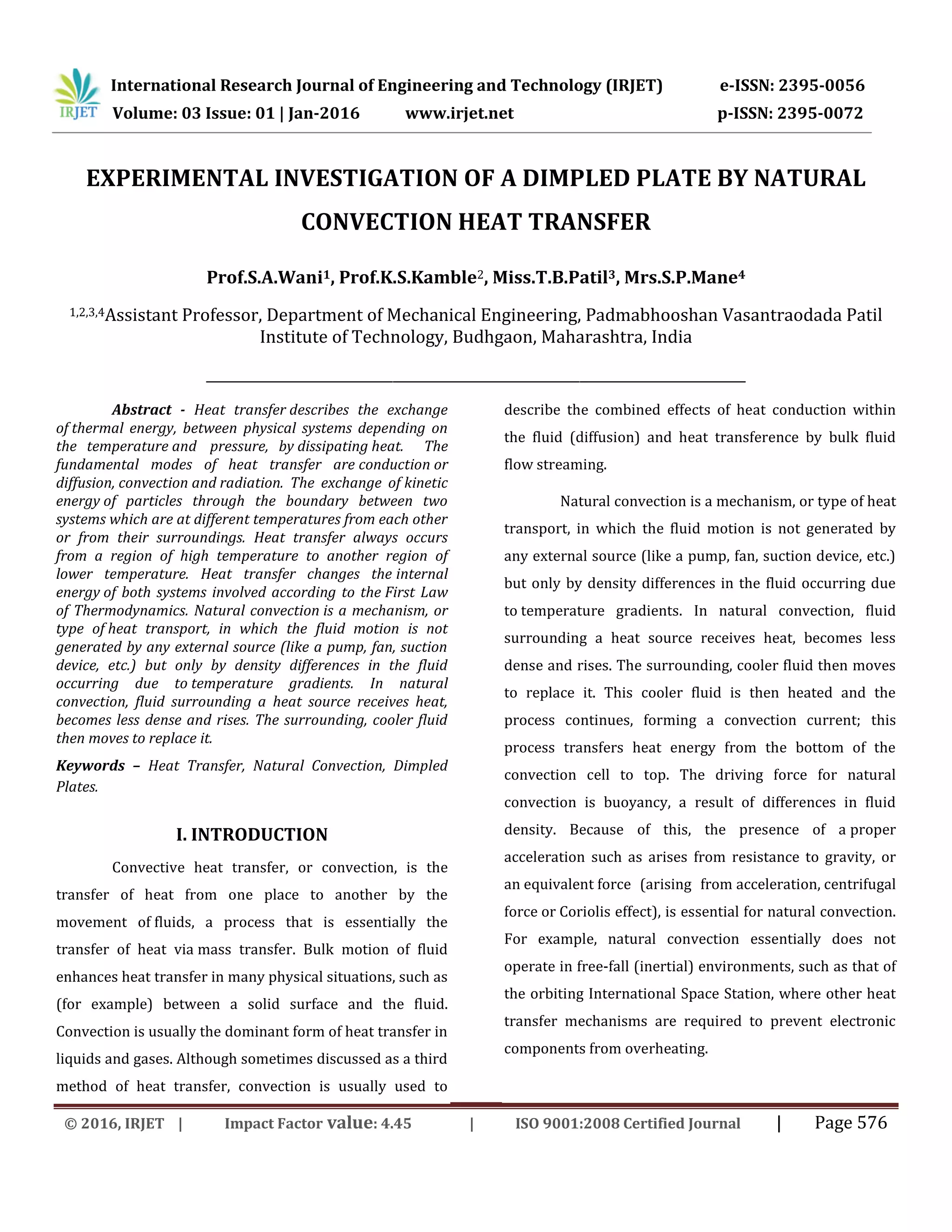 Experimental Investigation of a Dimpled Plate by Natural Convection ...