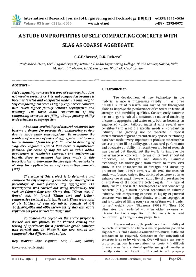 A Study on Properties of Self Compacting Concrete with Slag as Coarse ...