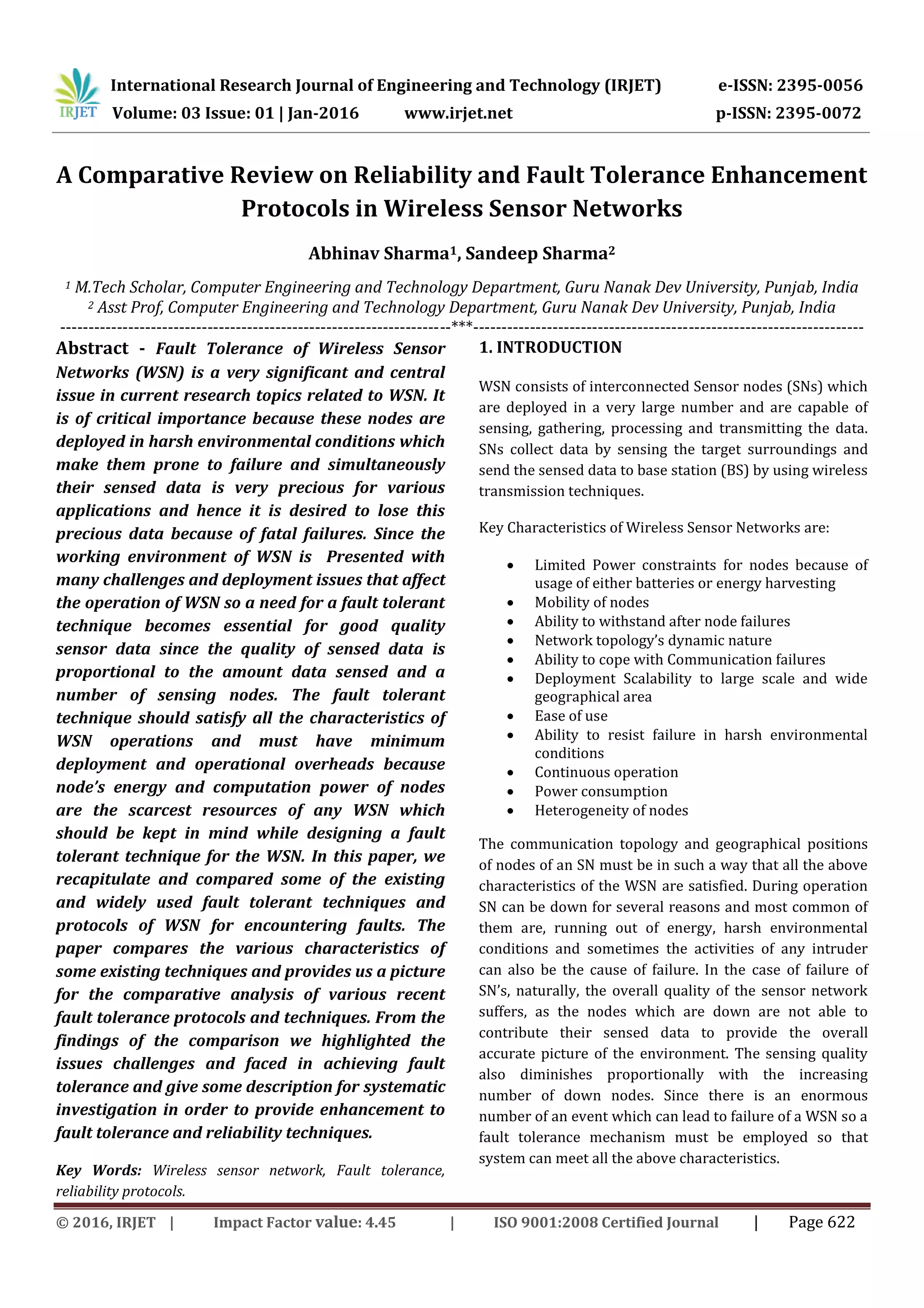 A Comparative Review on Reliability and Fault Tolerance Enhancement Protocols in Wireless Sensor ...