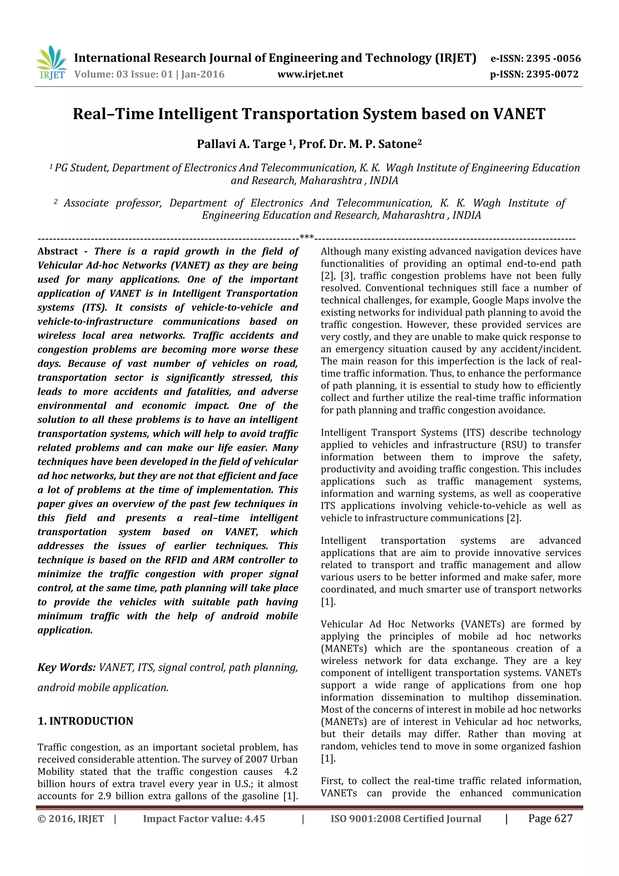 Real–Time Intelligent Transportation System based on VANET | PDF | Computer Networking | Computing