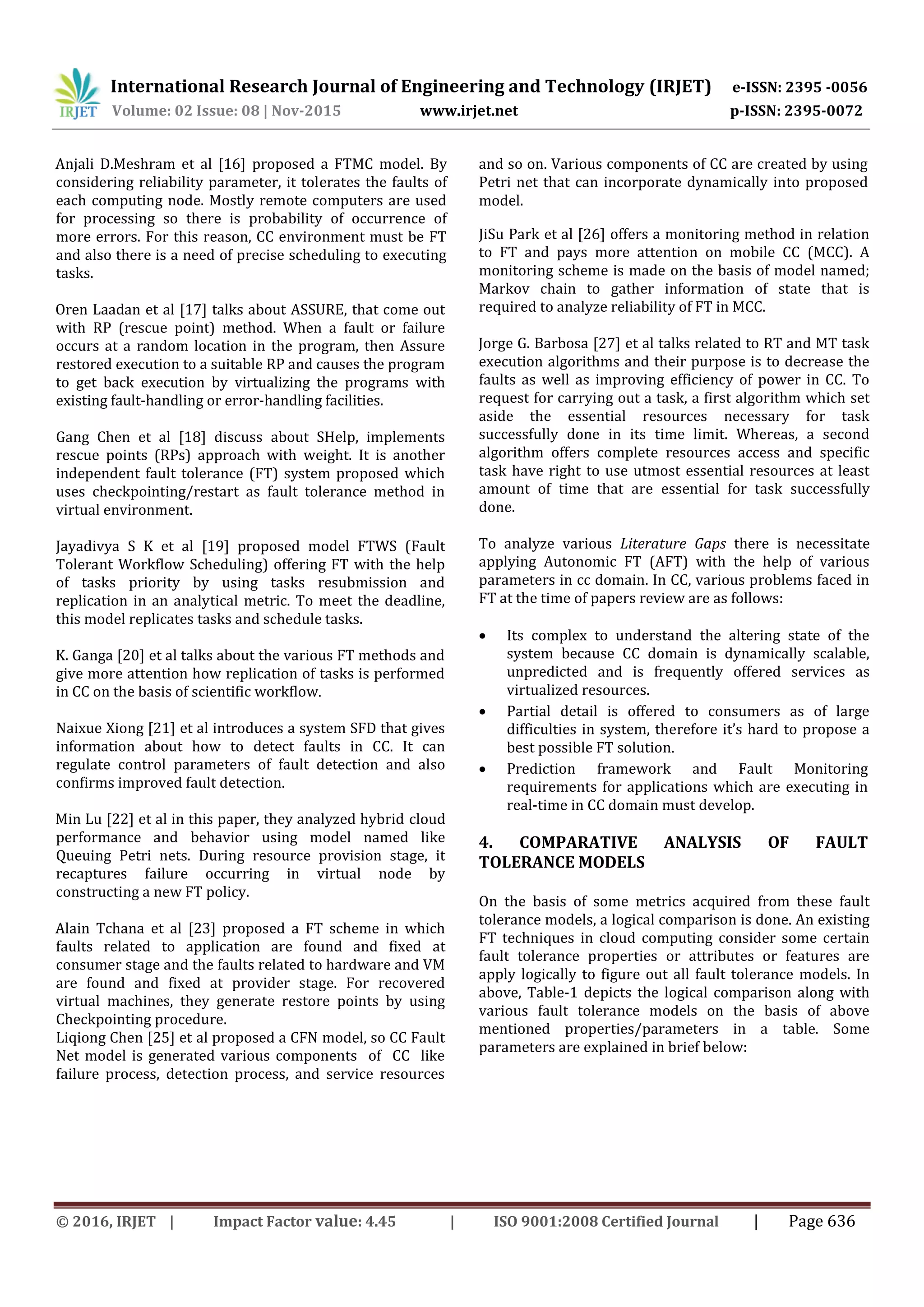 A Comparative Review On Fault Tolerance Methods And Models In Cloud Computing Pdf