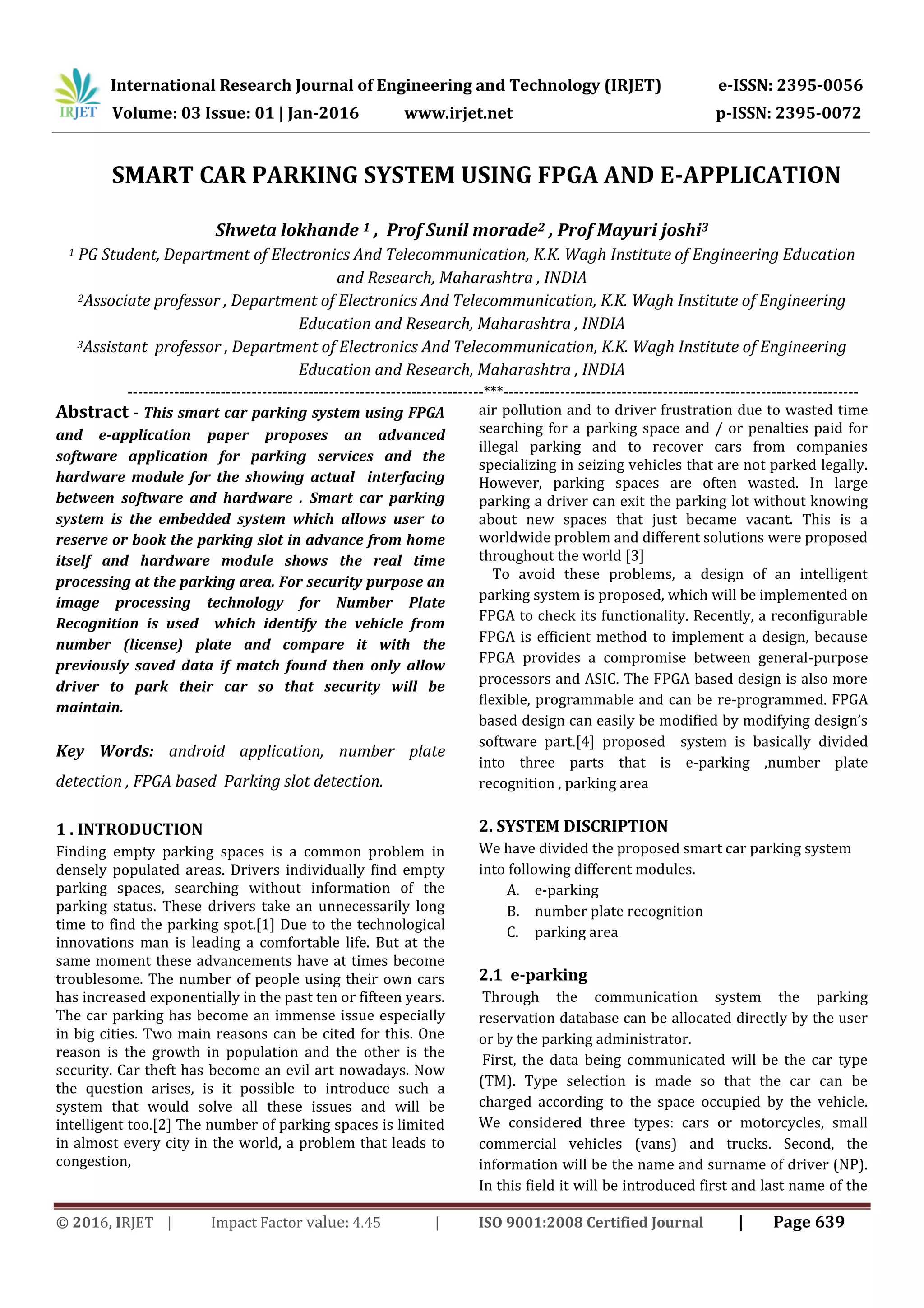 Smart Car Parking System Using FPGA and E-Application | PDF