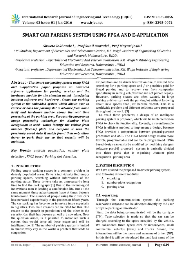 Smart Car Parking System Using FPGA and E-Application | PDF