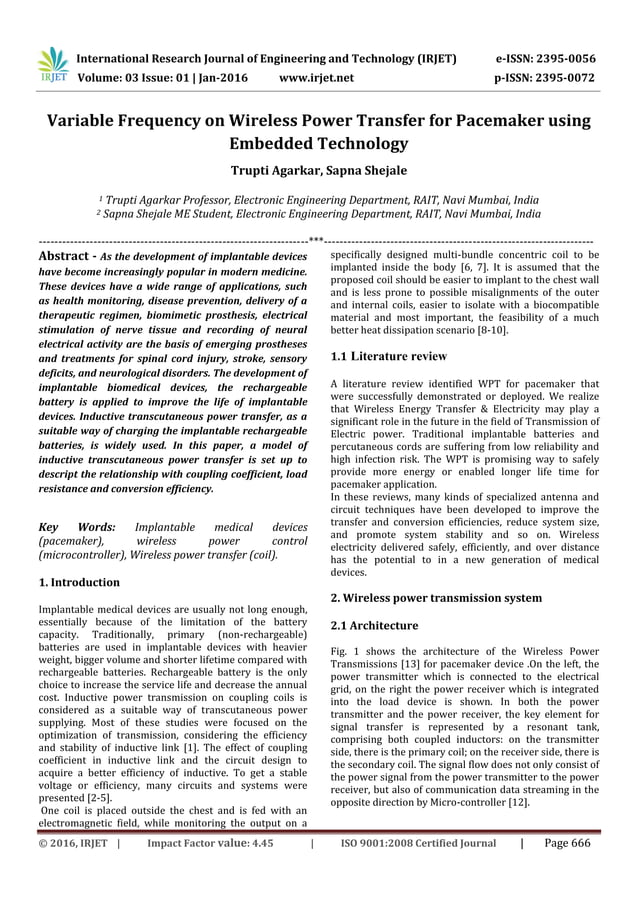 Variable Frequency on Wireless Power Transfer for Pacemaker using Embedded Technology | PDF