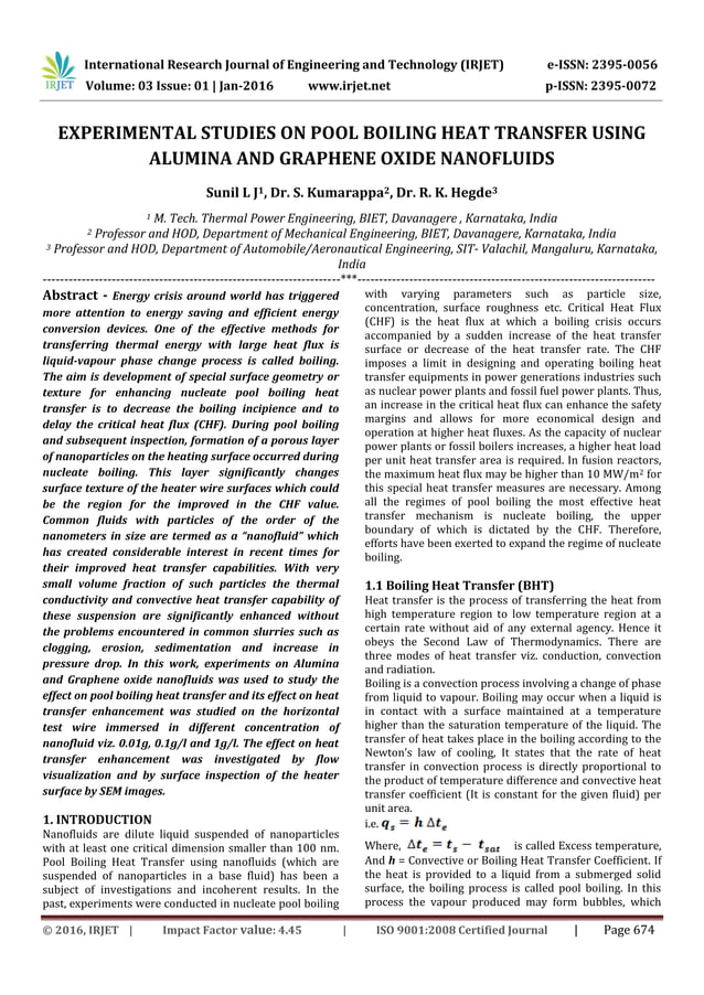 Experimental Studies on Pool Boiling Heat Transfer Using Alumina and Graphene Oxide Nanofluids | PDF
