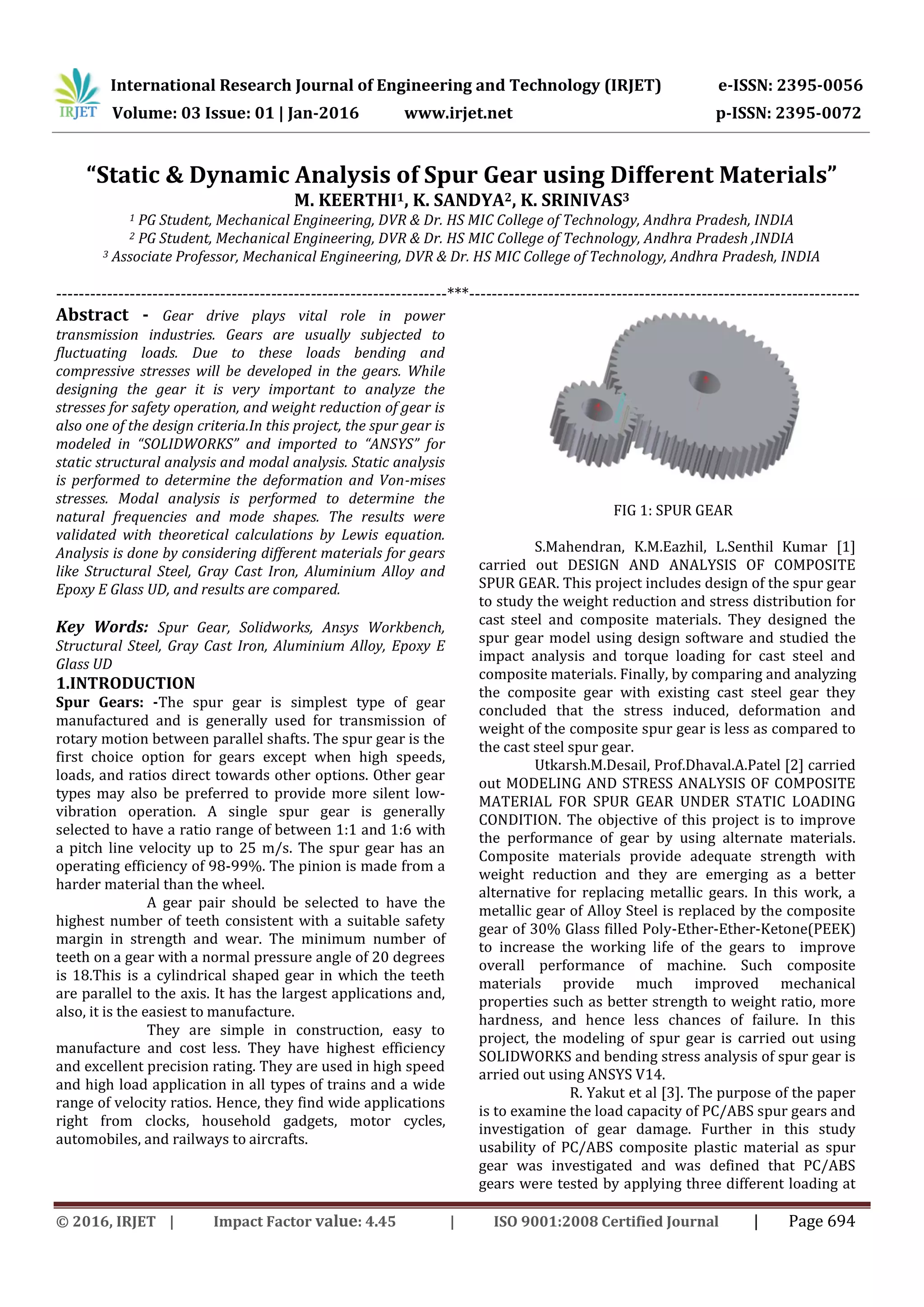 Static & Dynamic Analysis of Spur Gear using Different Materials | PDF ...