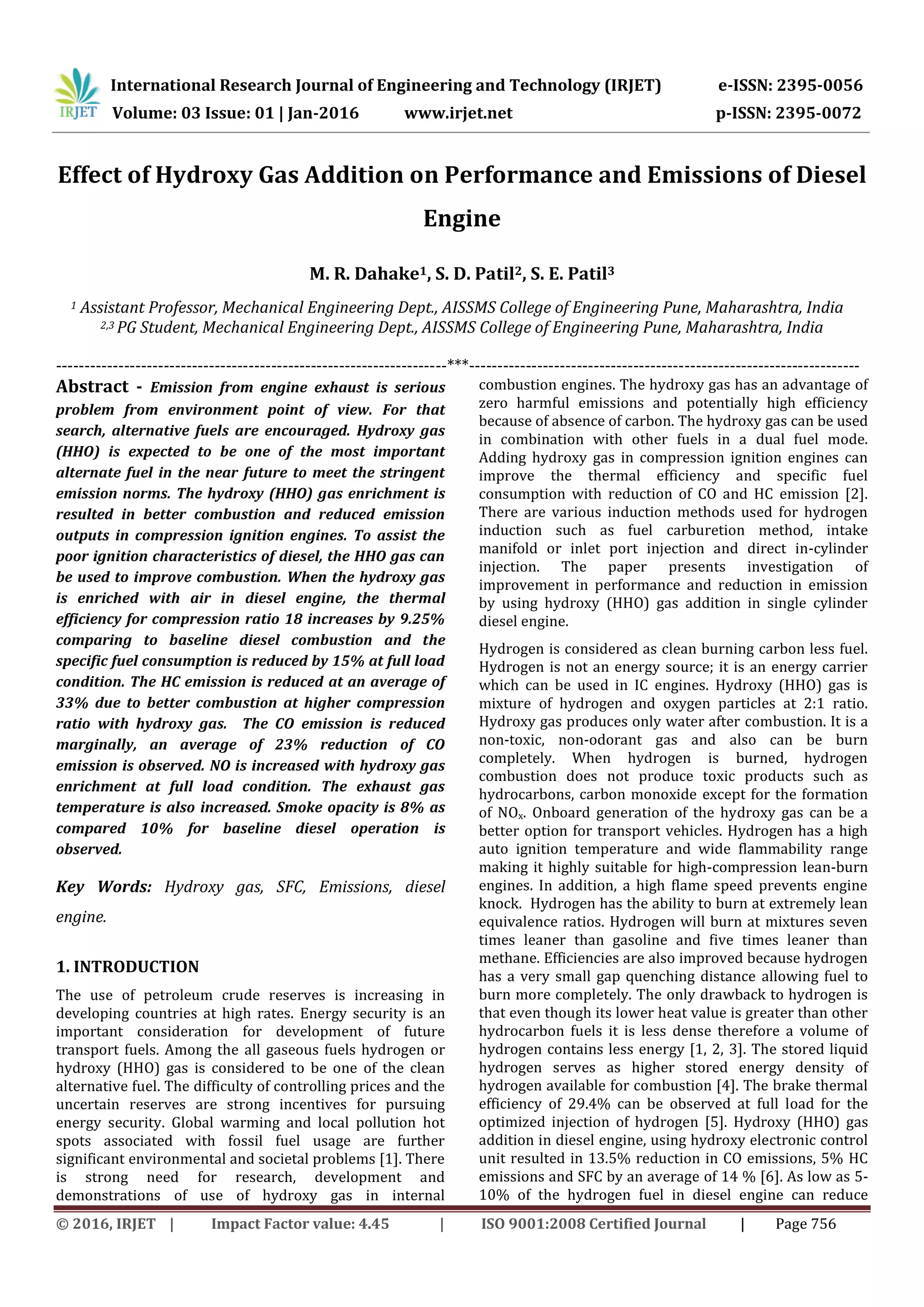 Effect of Hydroxy Gas Addition on Performance and Emissions of Diesel Engine | PDF