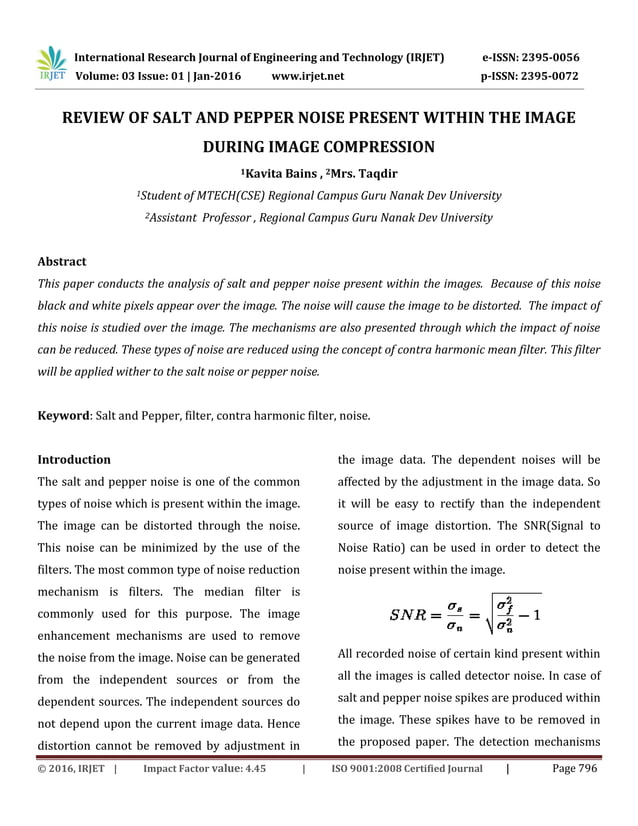 Review of Salt and Pepper Noise Present Within the Image during Image ...