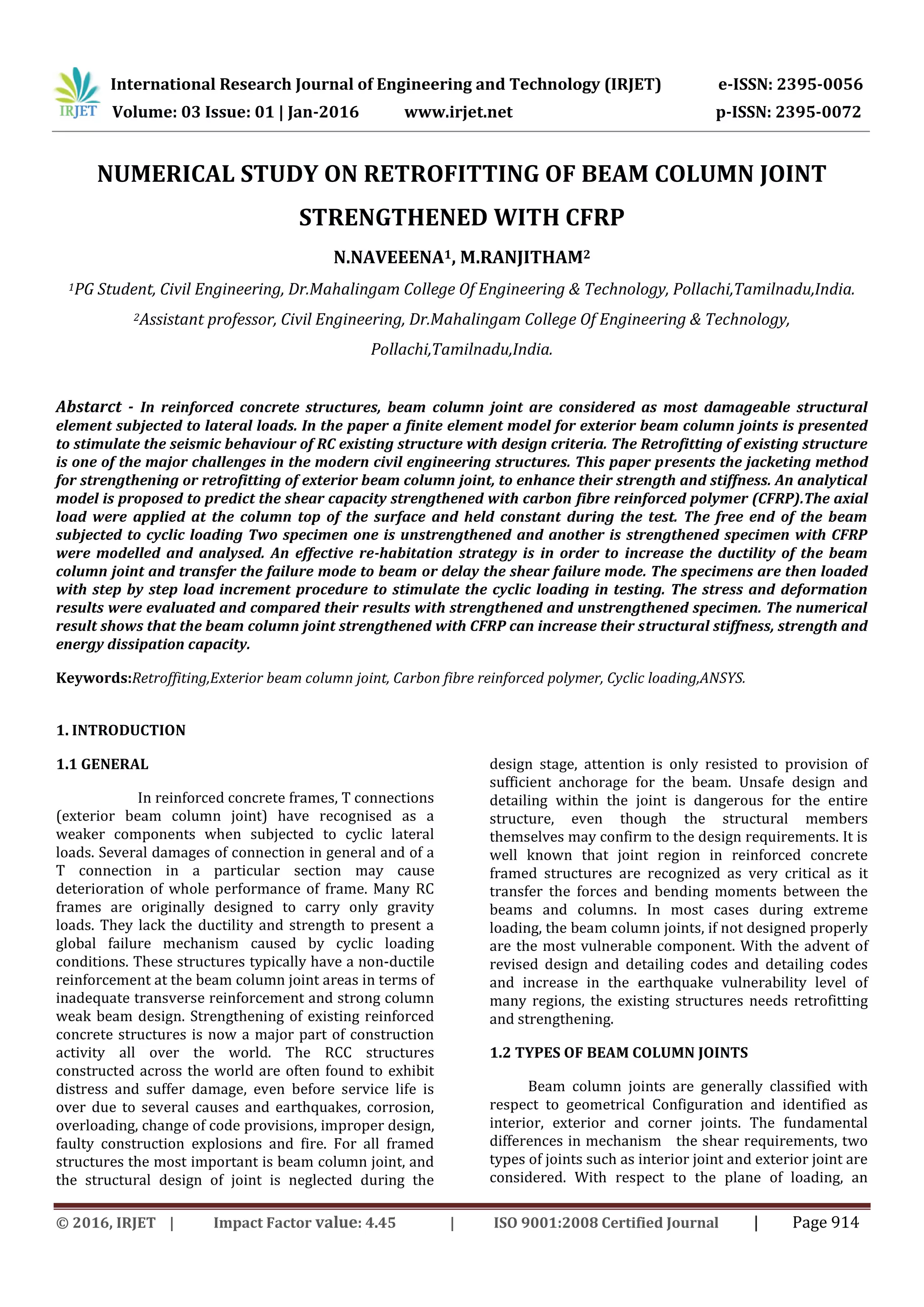 Numerical Study on Retrofitting Of Beam Column Joint Strengthened With ...