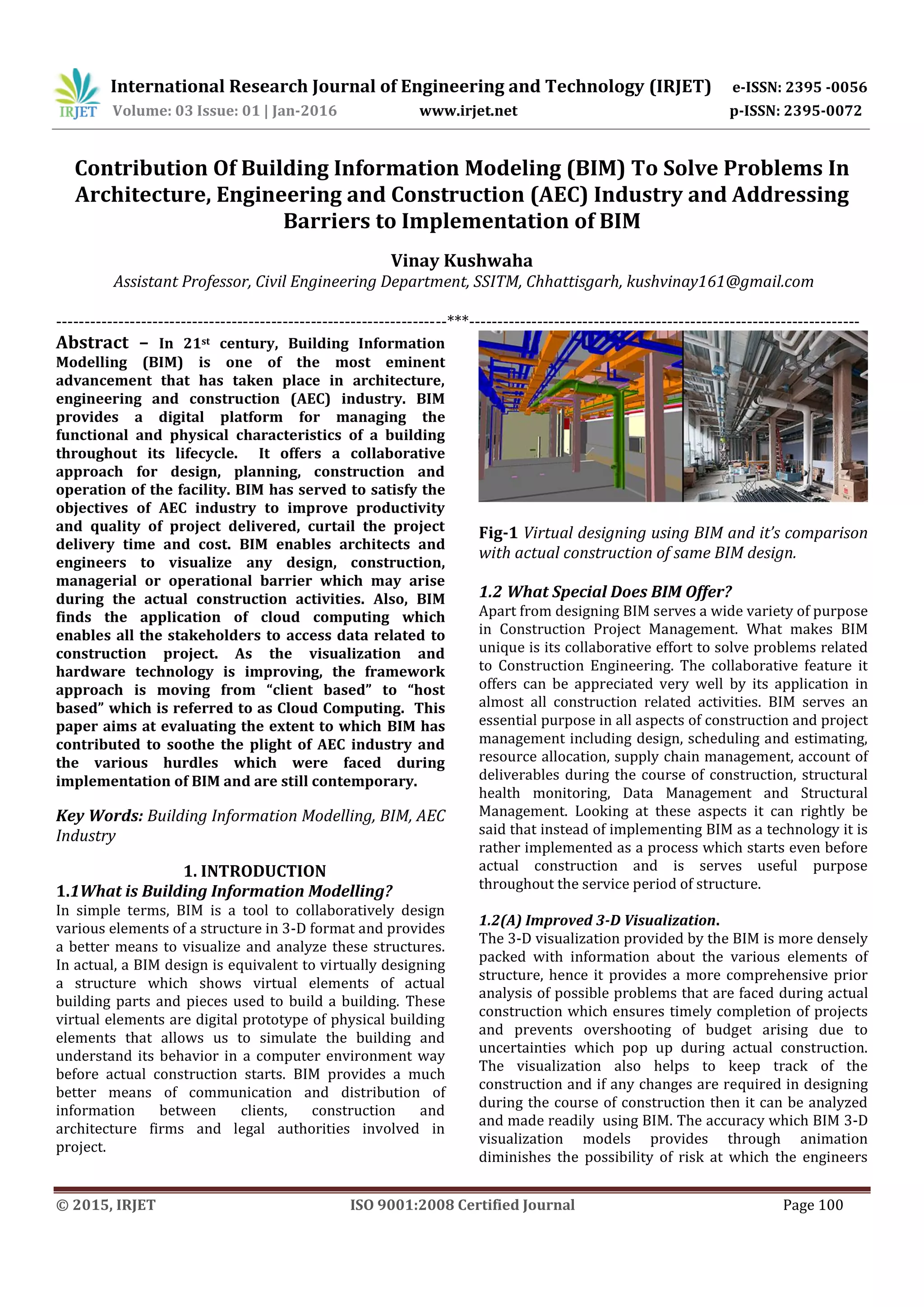 Contribution Of Building Information Modeling (BIM) To Solve Problems In Architecture ...