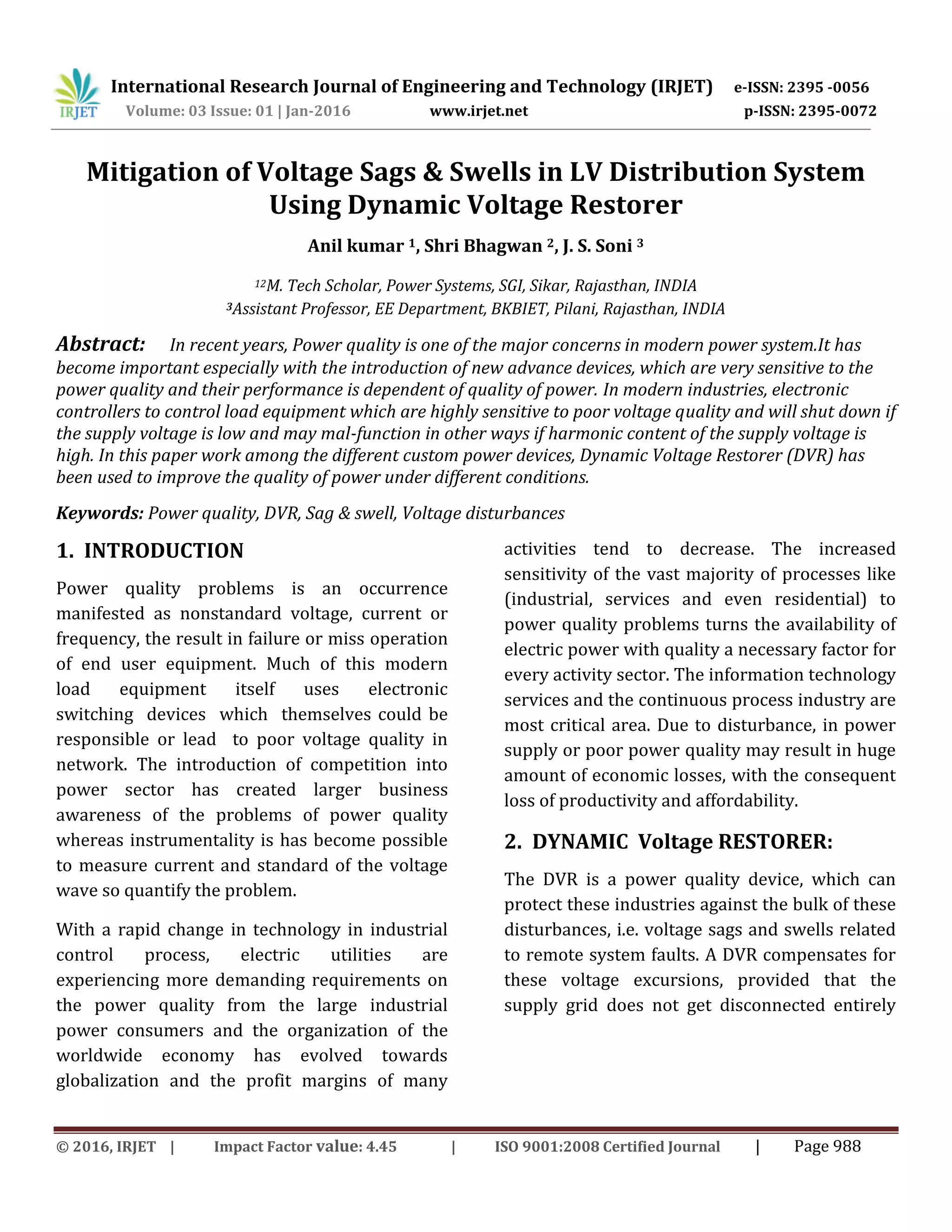 Mitigation of Voltage Sags & Swells in LV Distribution System Using Dynamic Voltage Restorer | PDF