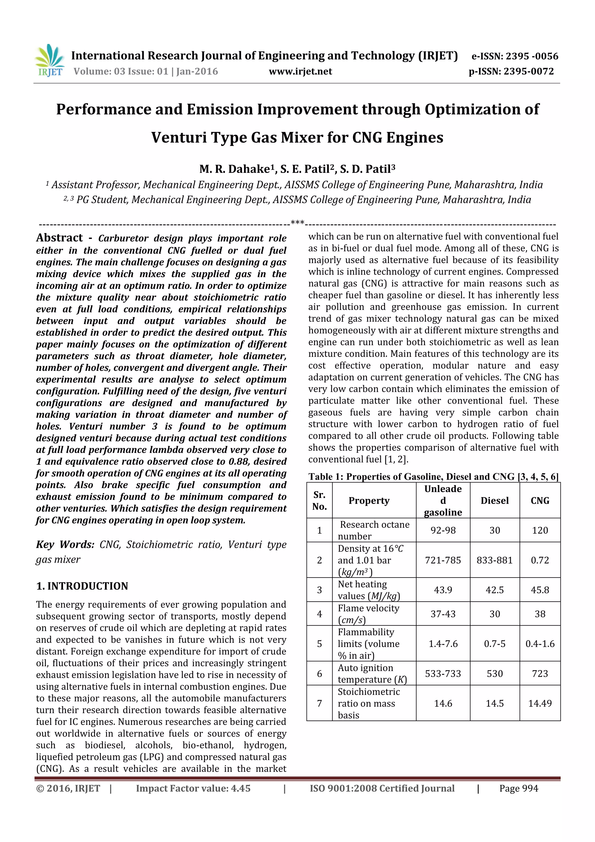 Performance and Emission Improvement through Optimization of Venturi ...