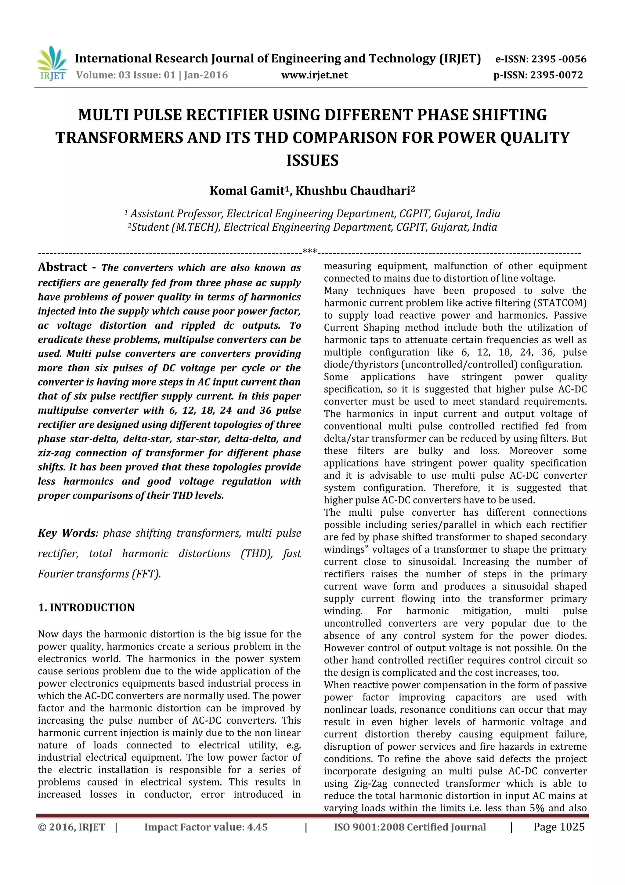 Multi Pulse Rectifier Using Different Phase Shifting Transformers and its THD Comparison for ...