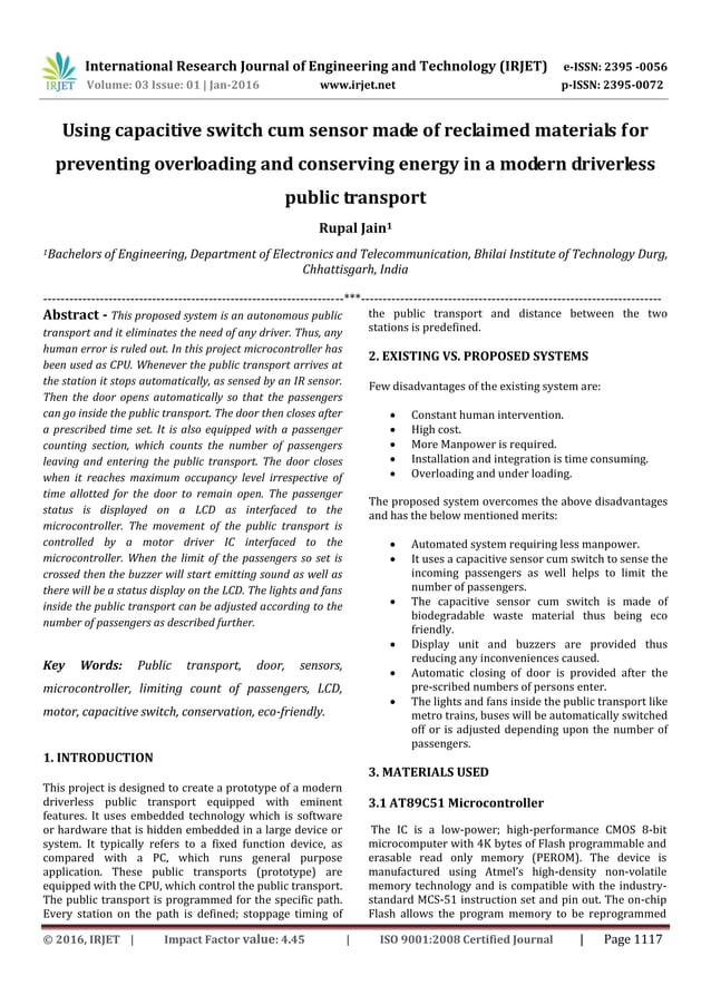 Using capacitive switch cum sensor made of reclaimed materials for preventing overloading and ...