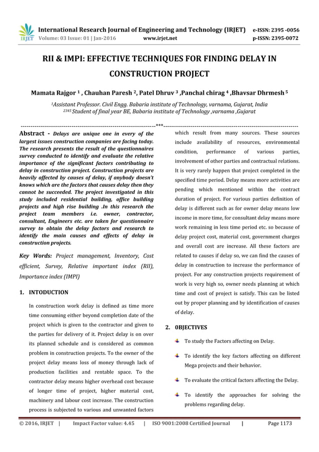 RII & IMPI: Effective Techniques for Finding Delay in Construction Project | PDF
