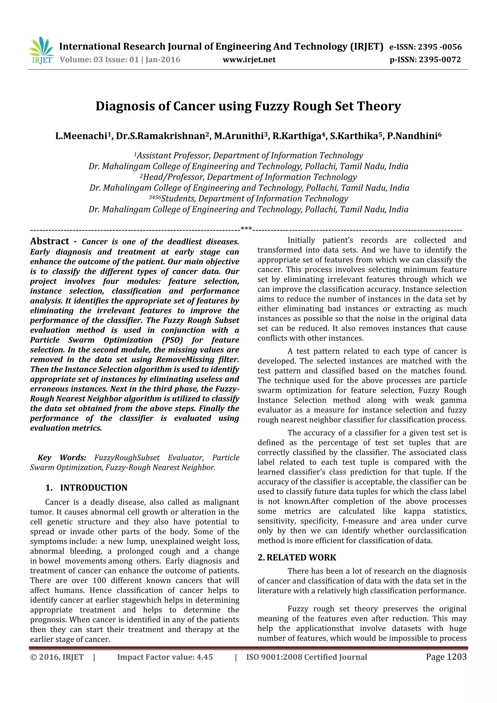 Diagnosis of Cancer using Fuzzy Rough Set Theory | PDF