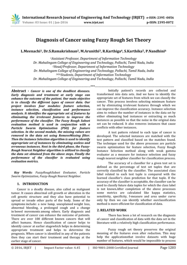 Diagnosis of Cancer using Fuzzy Rough Set Theory | PDF