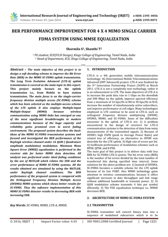 Ber Performance Improvement For 4 X 4 Mimo Single Carrier Fdma System
