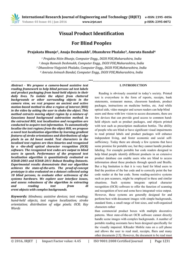 Visual Product Identification For Blind Peoples | PDF