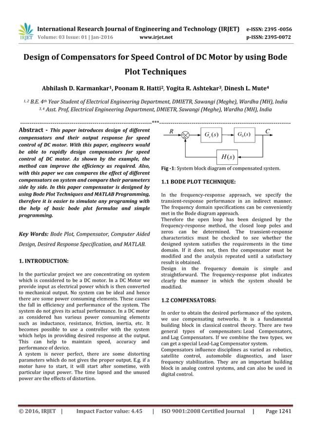 Design Of Compensators For Speed Control Of Dc Motor By Using Bode Plot 5573