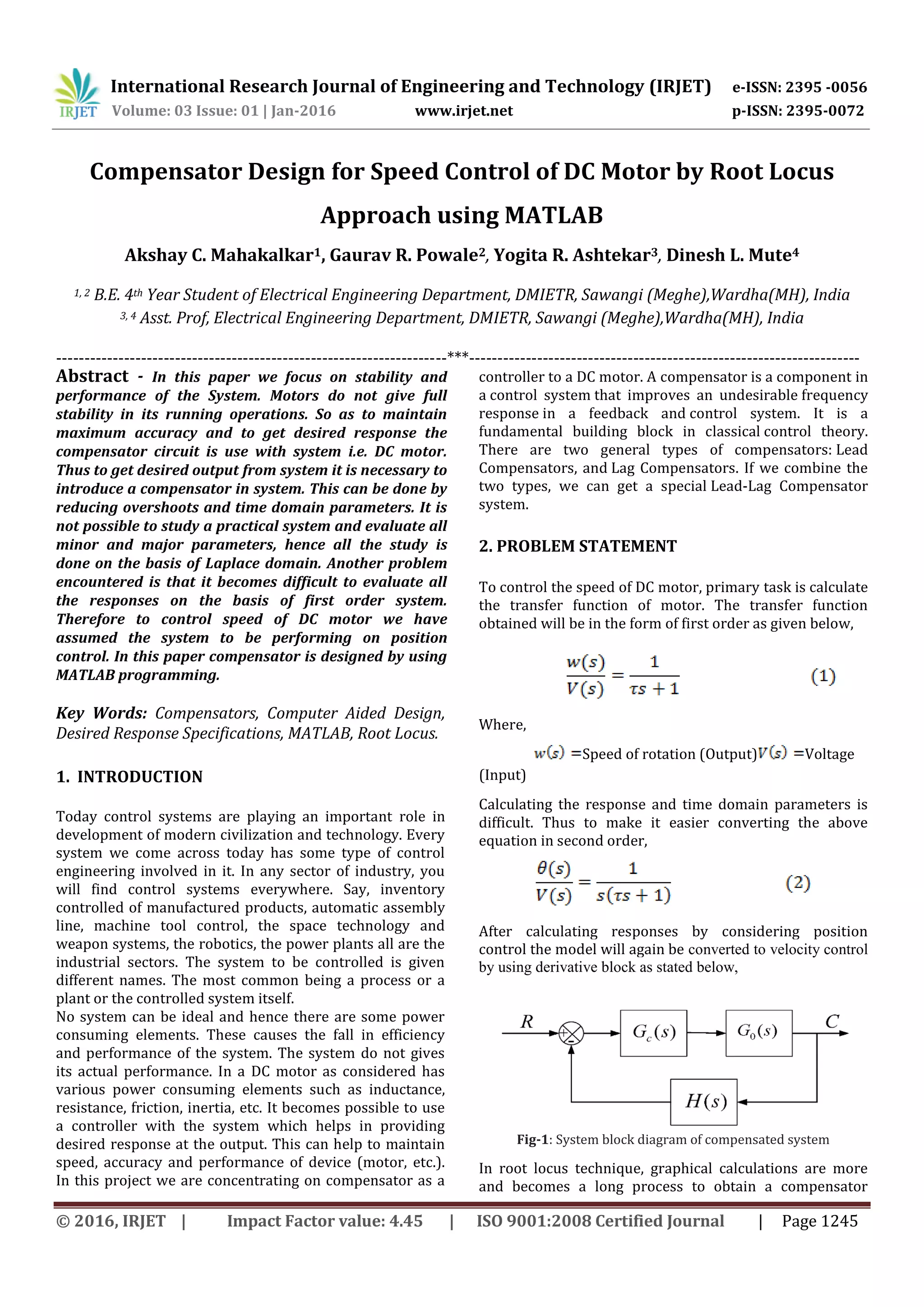 Compensator Design For Speed Control Of Dc Motor By Root Locus Approach Using Matlab Pdf