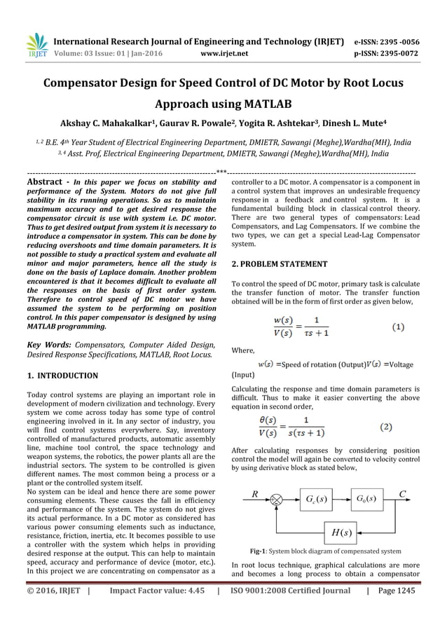 Compensator Design For Speed Control Of Dc Motor By Root Locus Approach Using Matlab Pdf