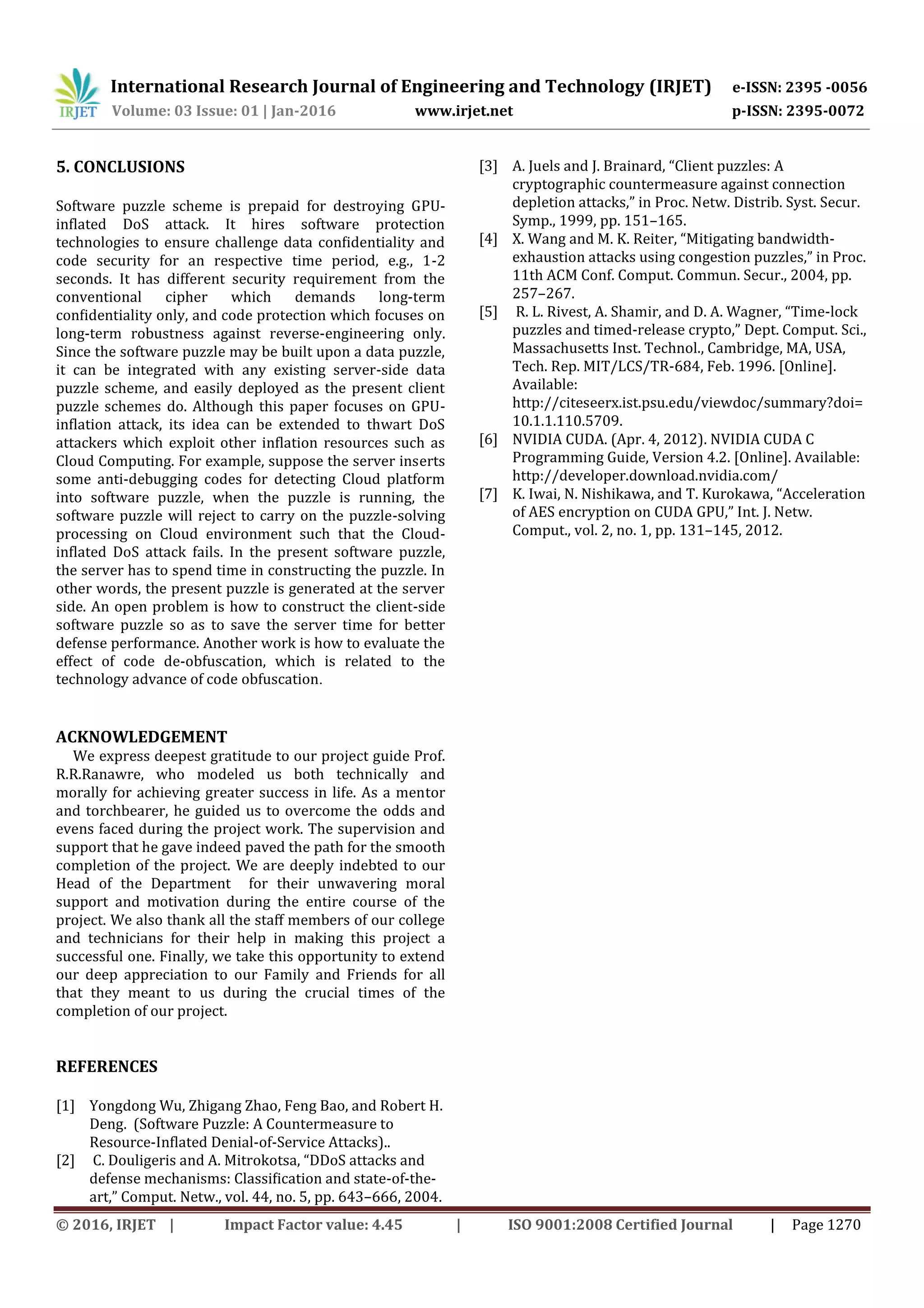 Defend Software Puzzle Against Denial Of Services Attacks Using A