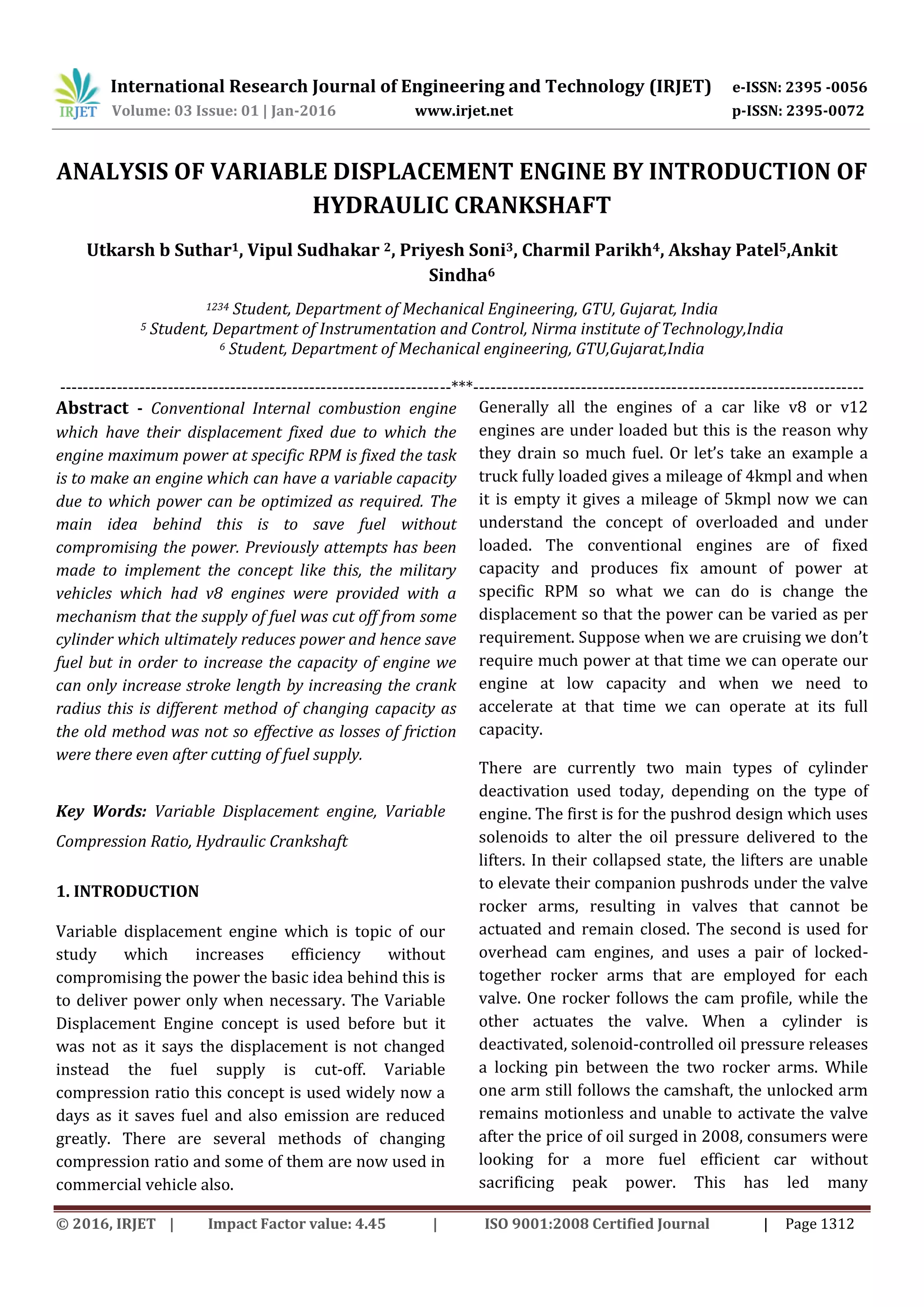 Analysis of Variable Displacement Engine by Introduction of Hydraulic ...