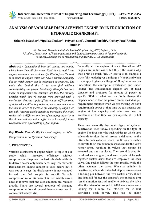 Analysis of Variable Displacement Engine by Introduction of Hydraulic ...