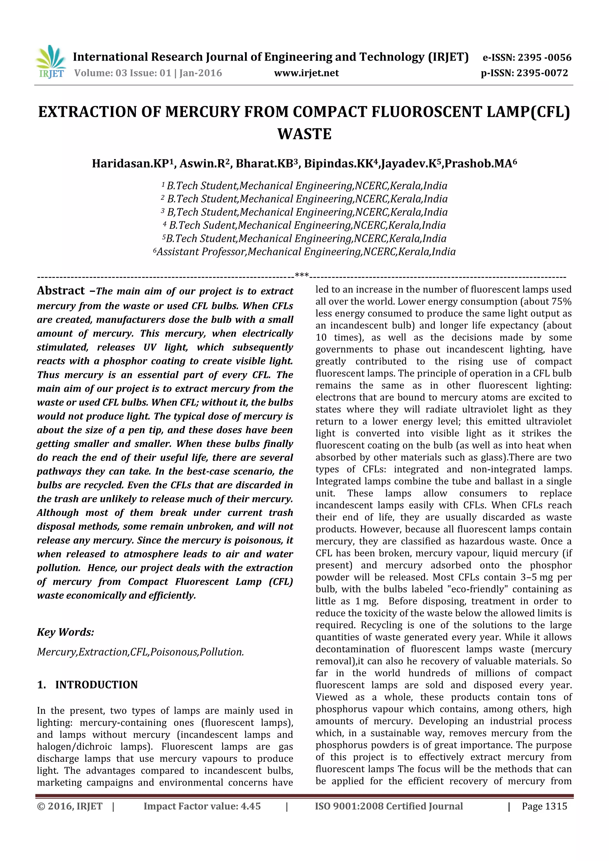 Extraction Of Mercury From Compact Fluoroscent Lamp(CFL) Waste | PDF