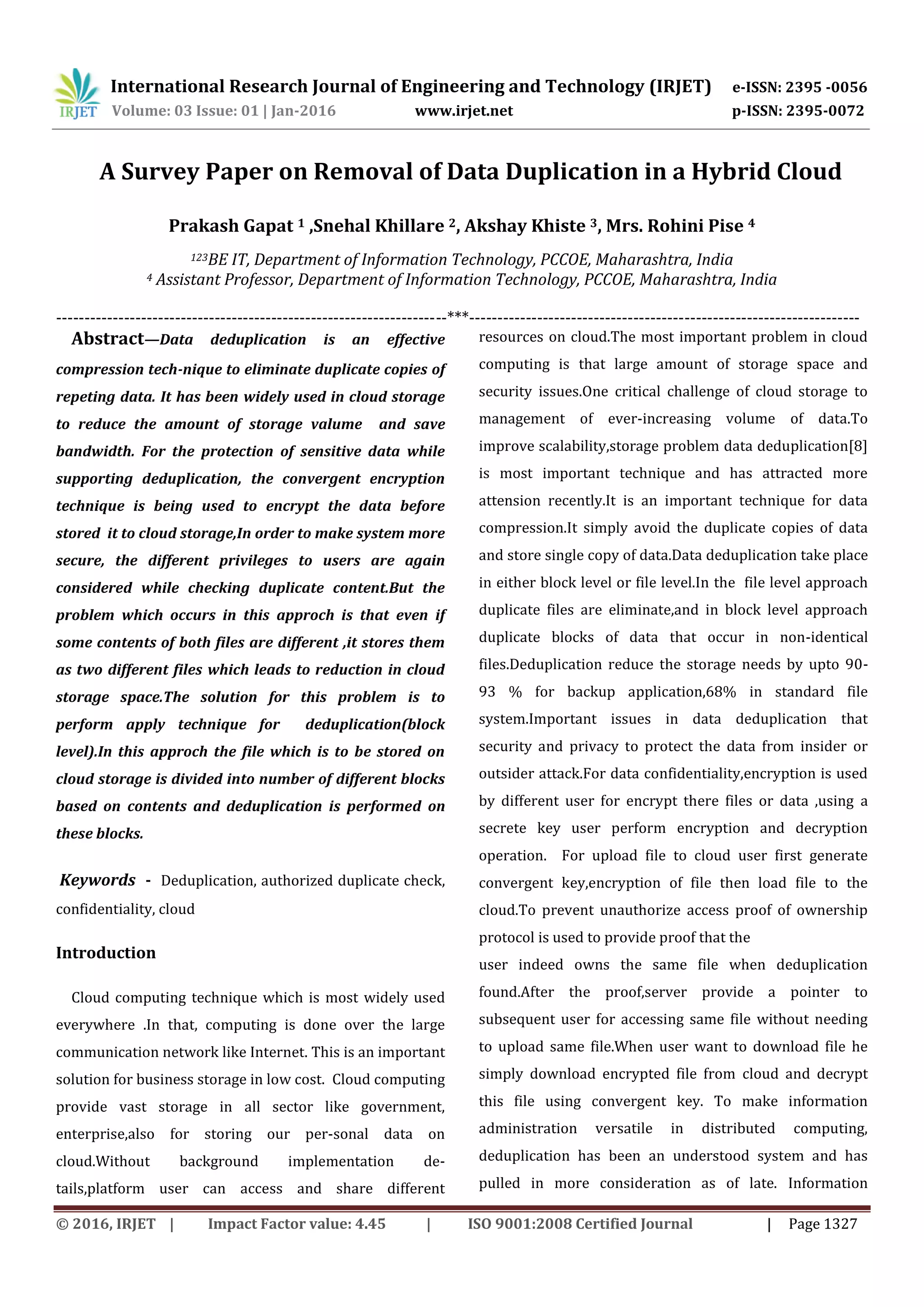 A Survey Paper On Removal Of Data Duplication In A Hybrid Cloud Pdf