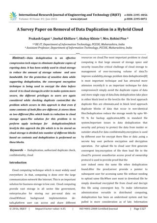 A Survey Paper on Removal of Data Duplication in a Hybrid Cloud | PDF