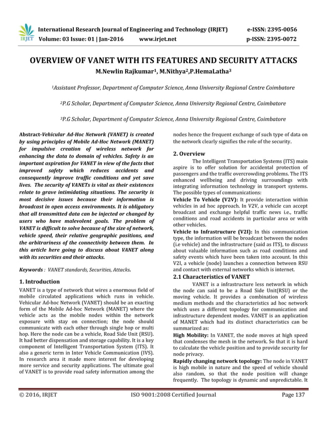 Overview of VANET with Its Features and Security Attacks | PDF | Computer Networking | Computing