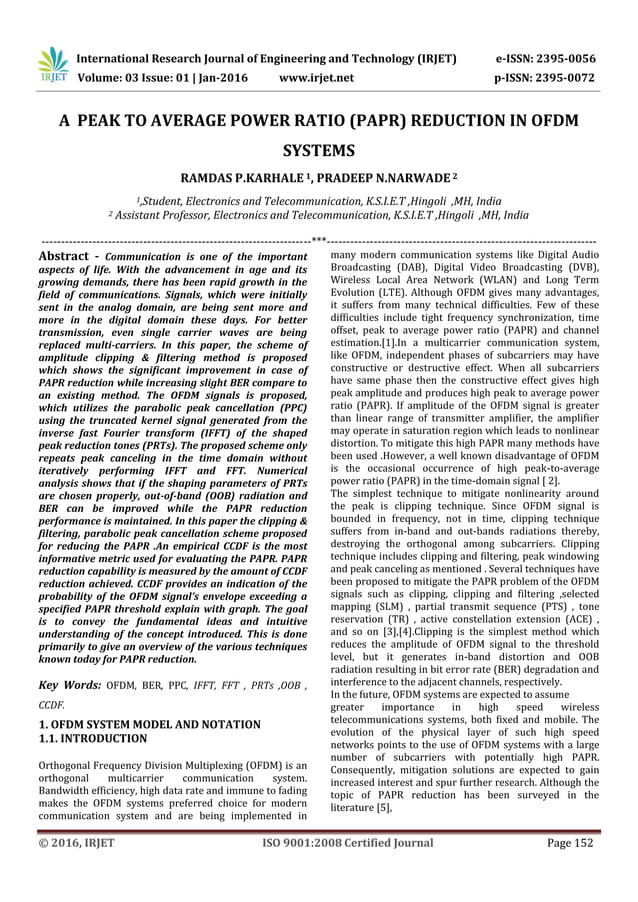A Peak to Average Power Ratio (PAPR) Reduction in OFDM Systems | PDF | Digital Audio | Computer ...