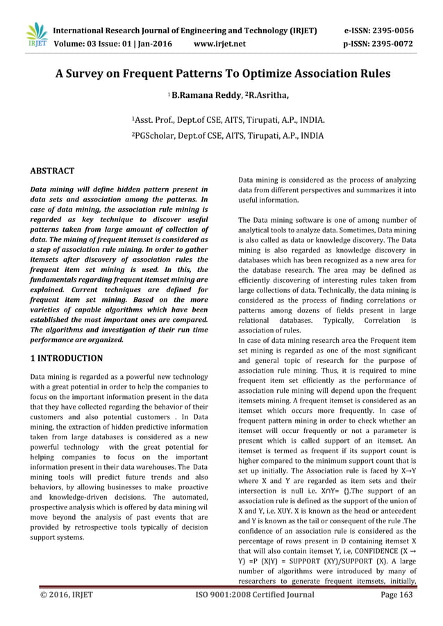 A Survey on Frequent Patterns To Optimize Association Rules | PDF