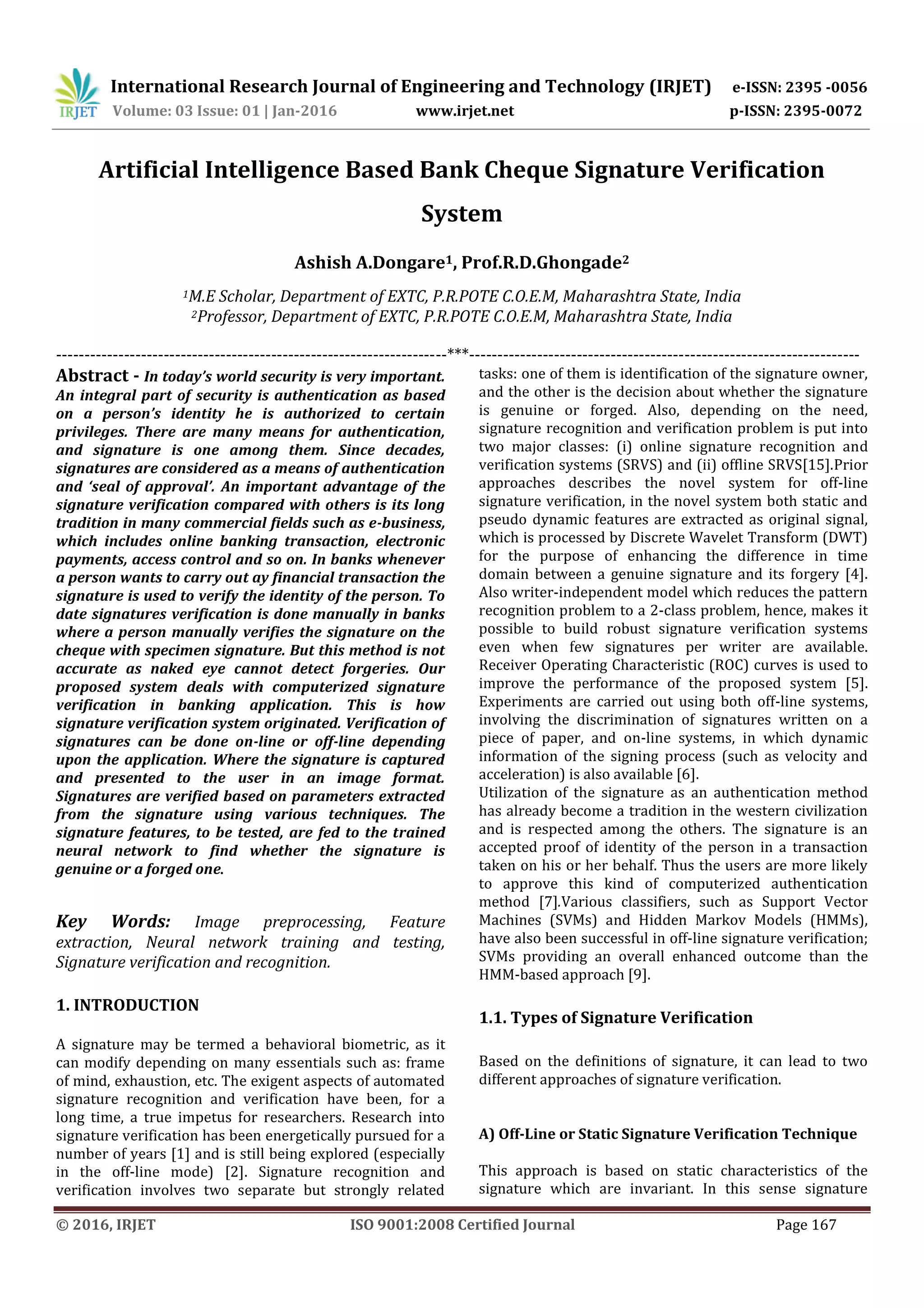 Artificial Intelligence Based Bank Cheque Signature Verification System | PDF