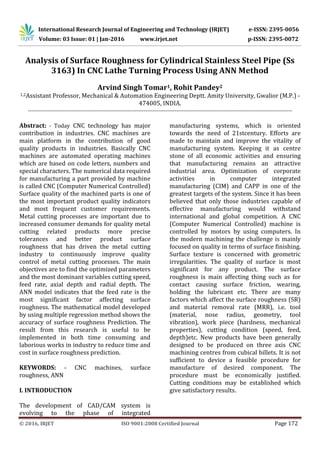Analysis of Surface Roughness for Cylindrical Stainless Steel Pipe (Ss 3163) In CNC Lathe ...