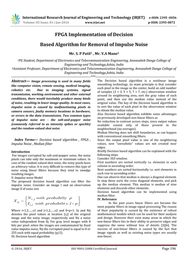 FPGA Implementation of Decision Based Algorithm for Removal of Impulse Noise | PDF | Cameras and ...