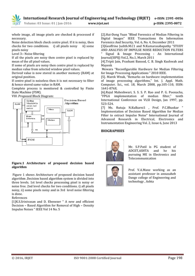 FPGA Implementation of Decision Based Algorithm for Removal of Impulse Noise | PDF | Cameras and ...